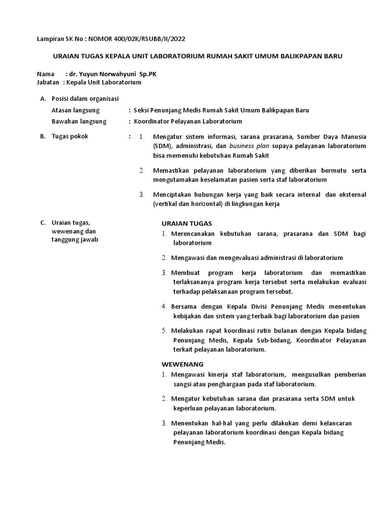 Uraian Tugas Ka Instalasi Lab Patologi Klinik | PDF