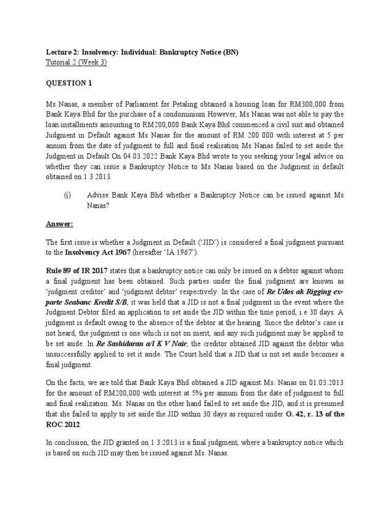 Insolvency T2 Full Answer | PDF | Bankruptcy | Judgment (Law)