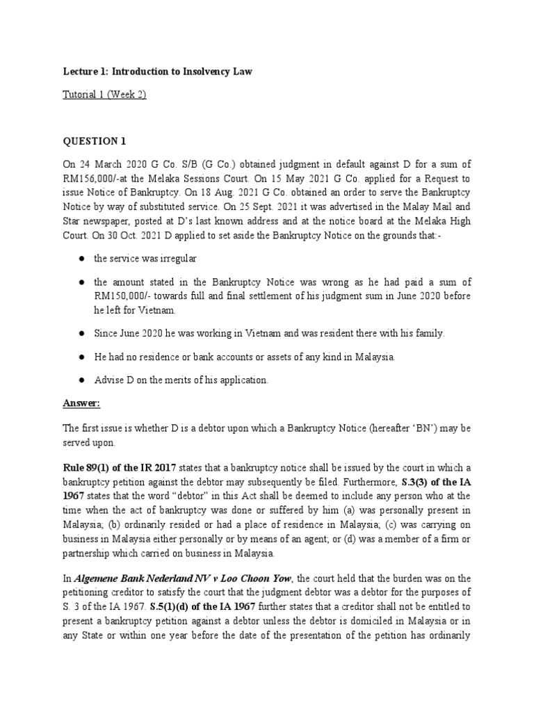 Insolvency T1 Full Answer | PDF | Bankruptcy | Partnership