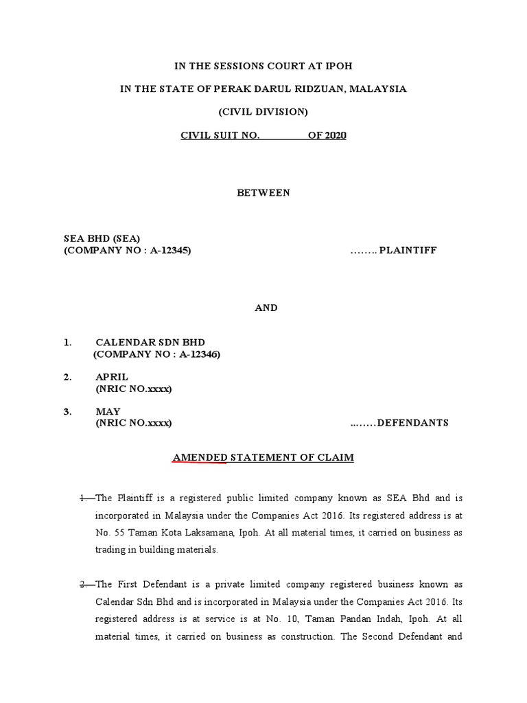 Statement of Claim Sample | PDF | Damages | Private Law