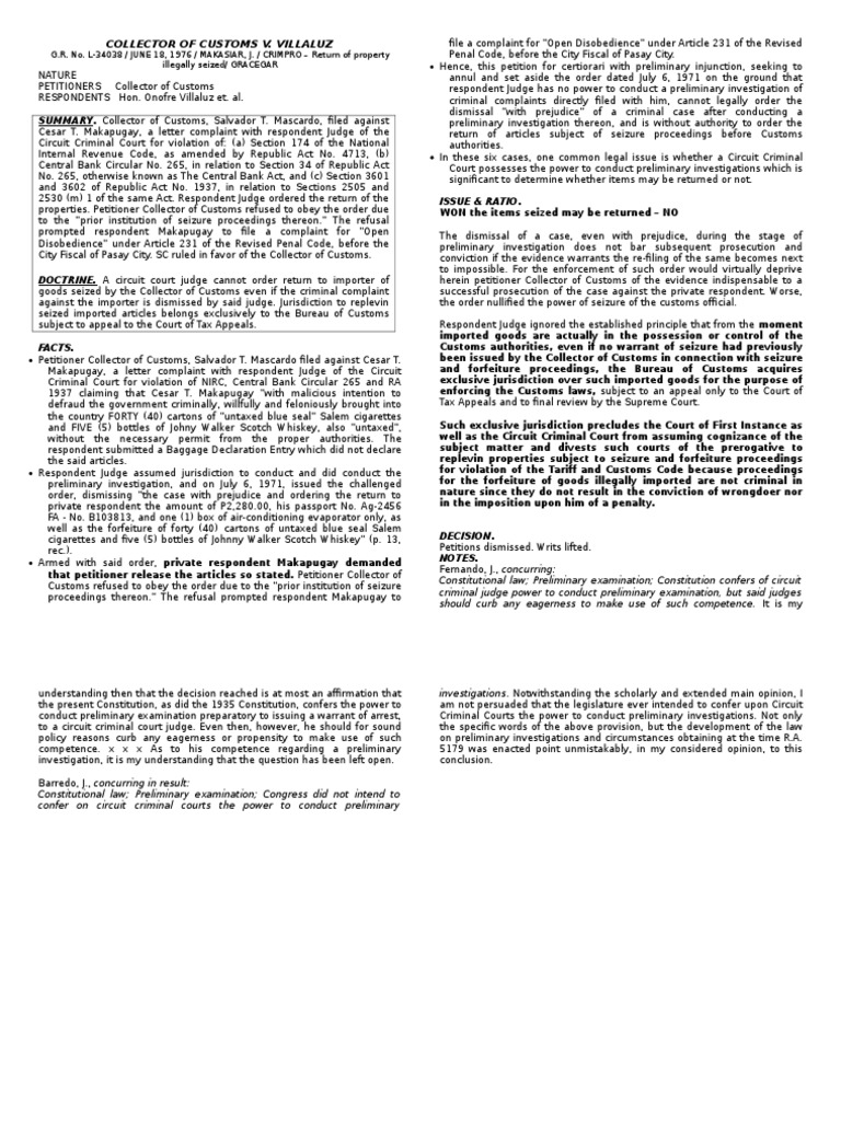 Collector of Customs | PDF | Complaint | Asset Forfeiture