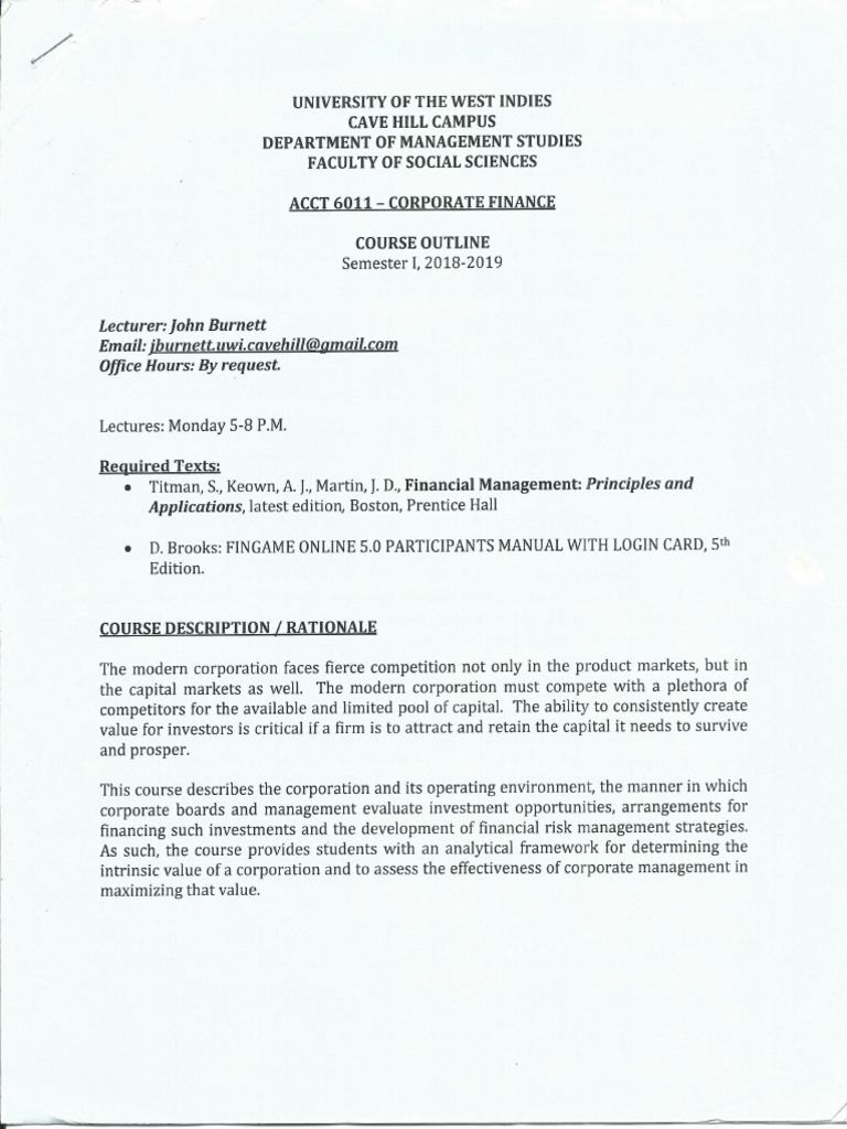 ACCT 6011 Corporate Finance Course Outline | PDF