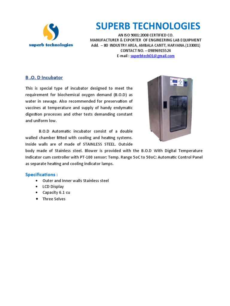 B.O.D Incubator Specifications and Features | PDF | Computers