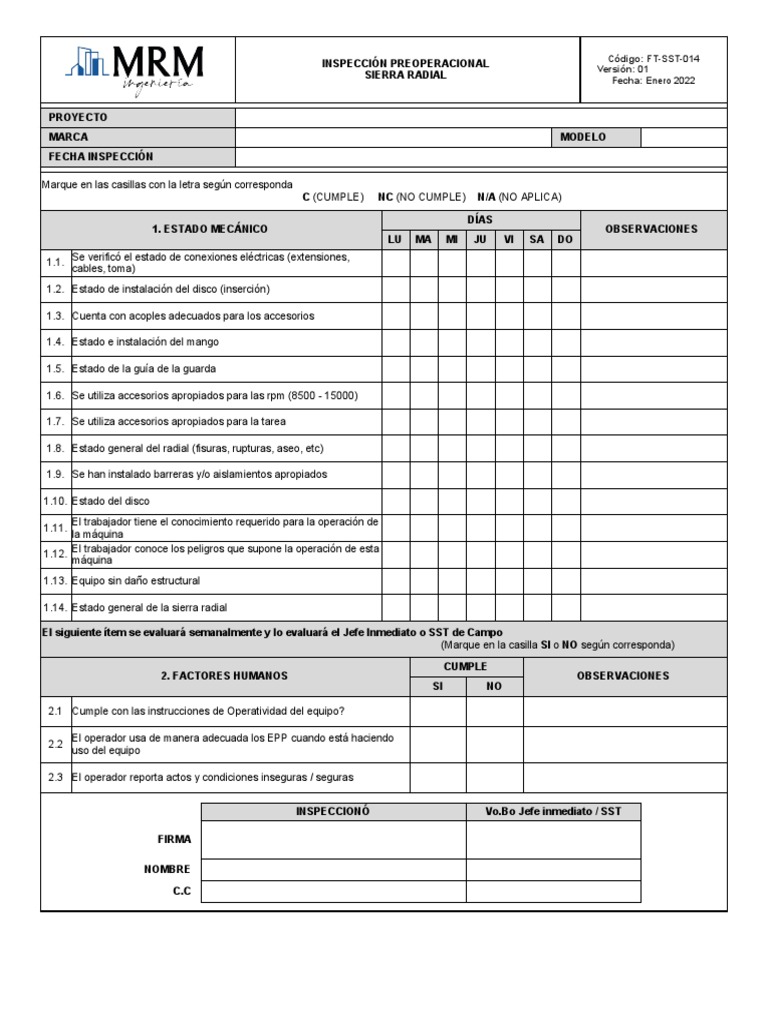 FT SST 014 Preoperacional Sierra Radial MRM Ingenieria | PDF | Ingeniería