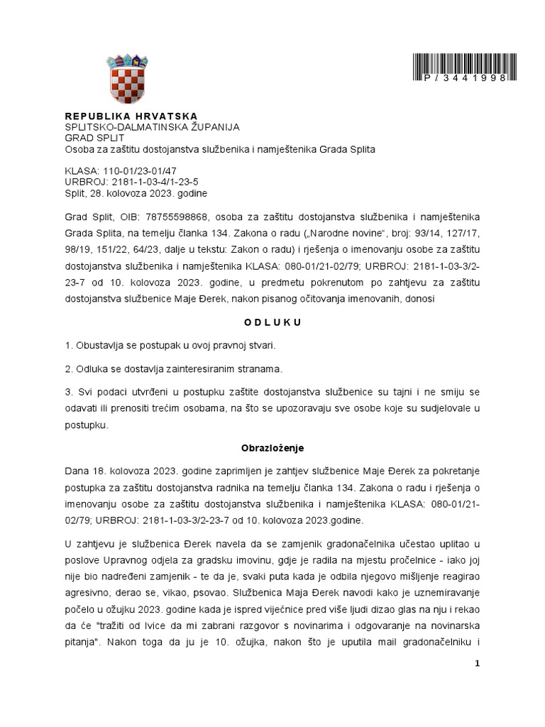 Odluka o obustavi postupka za zaštitu dostojanstva Maja Đerek | PDF