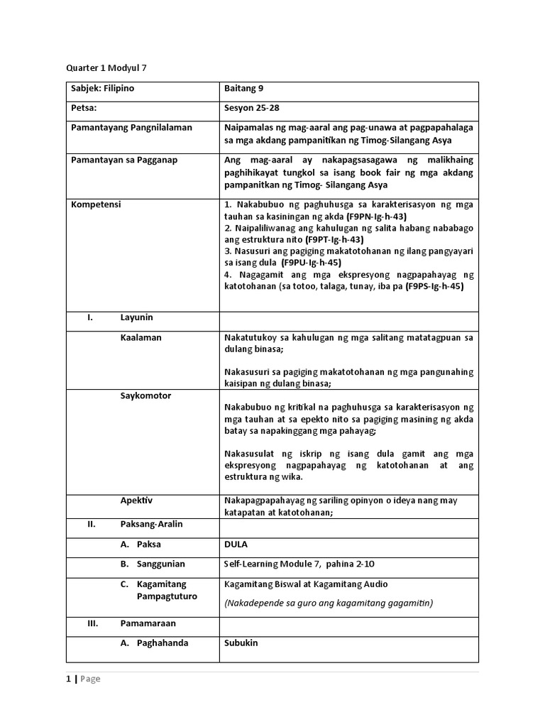 Lesson Plan - Filipino 9 - Modyul 7 | PDF