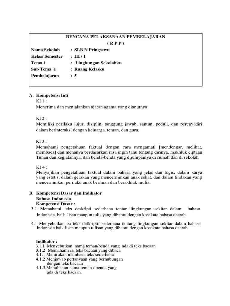 RPP Tema 1 Sub Tema 1 Pembelajaran 5 | PDF