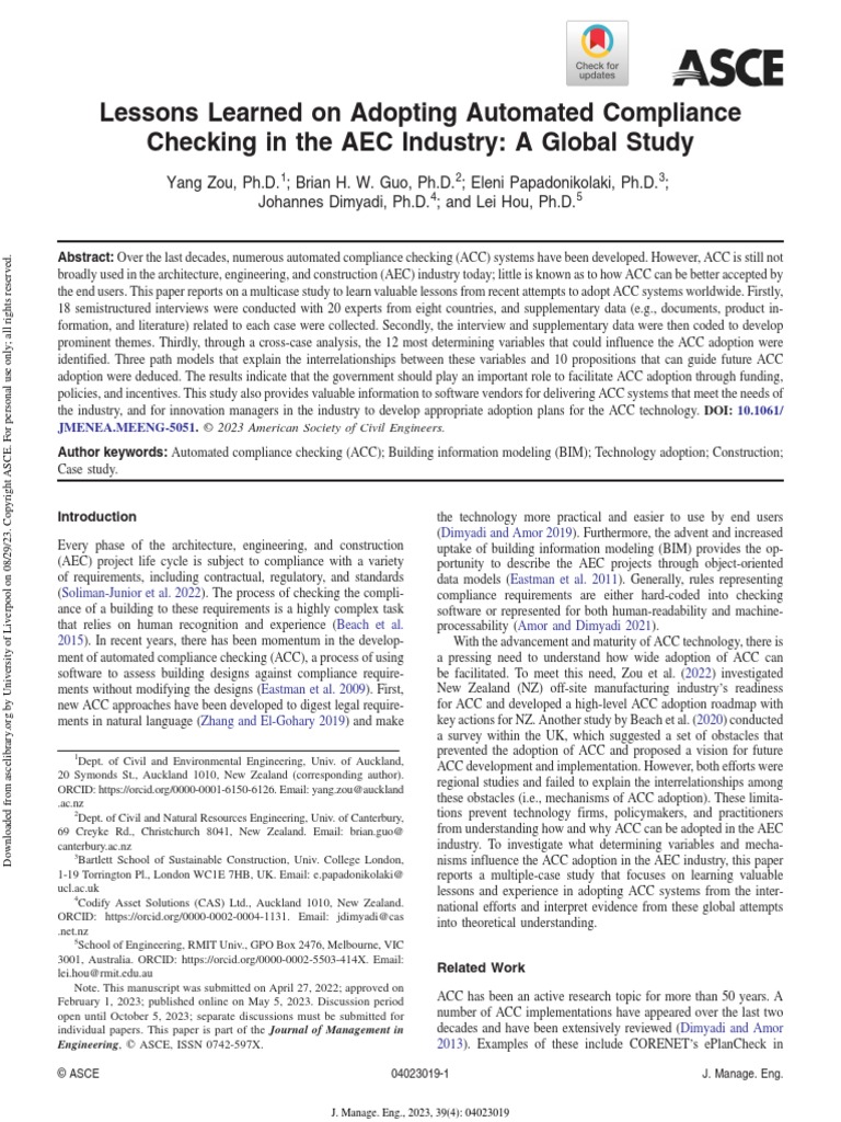 Lessons Learned on Adopting Automated ComplianceChecking in the AEC Industry a Global Study ...
