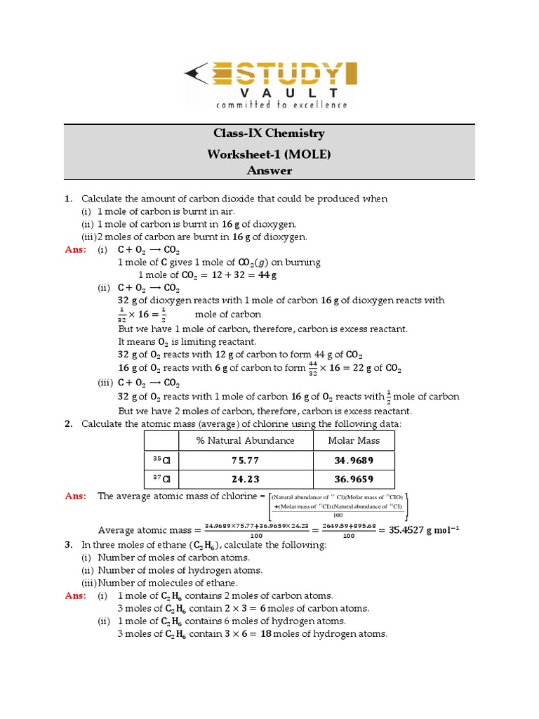 IX - WorkSheet-1 (MOLE) - With - Solution-1 | PDF | Mole (Unit) | Molecules