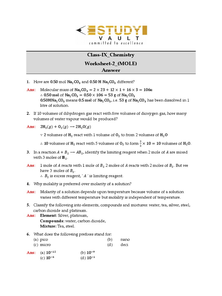 IX WorkSheet-2 (MOLE) With Solution | PDF | Mole (Unit) | Carbonate