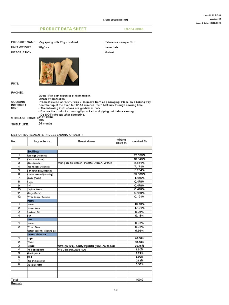 Veg Spring Roll 20g - Prefried (Carrefour) - LS-066.21GG - 17.12.2021 ...