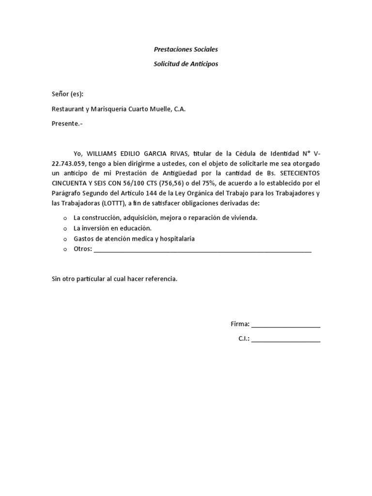 Carta Prestaciones Sociales | PDF