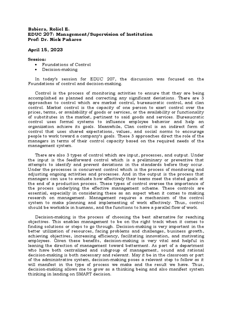 Babiera April 15,2023 EDUC207 Reflection | PDF | Decision Making | Economies