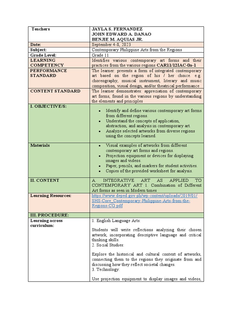 SHS Core - Contemporary Philippine Arts From The Regions CG PDF | PDF | Learning | Concept