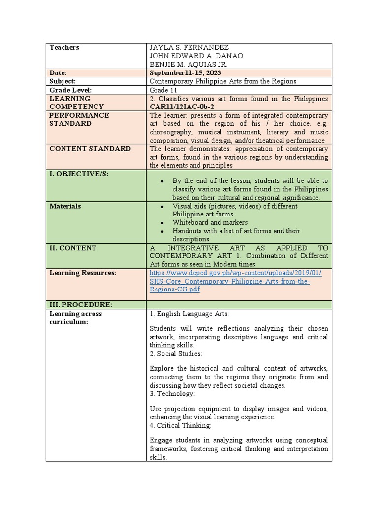 Teachers Date: September11-15, 2023 Subject: Grade Level: Learning ...