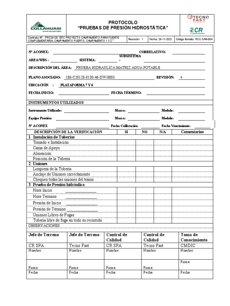 RCC-SAN-004 - Protocolo Pruebas de Presión Hidrostaticas - Rev 1 | PDF