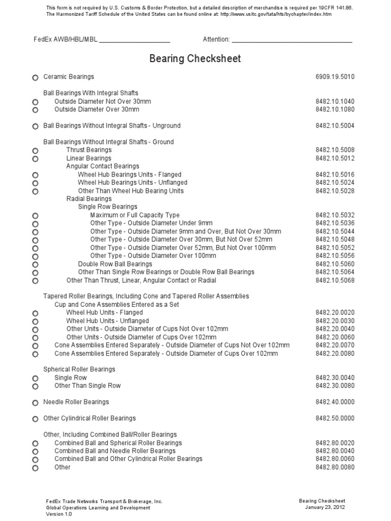 Fedex Bearing Checksheet TW | PDF | Bearing (Mechanical) | Mechanical ...