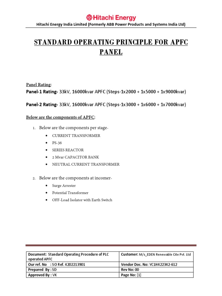 Yc1h422342-612 - Sop of Apfc Panel | PDF | Capacitor | Relay