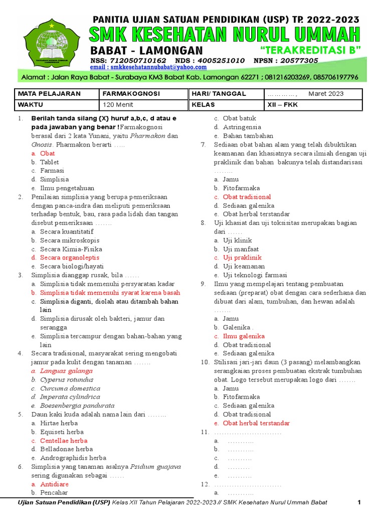 Soal Usp Kelas Xii Farmakognosi | PDF