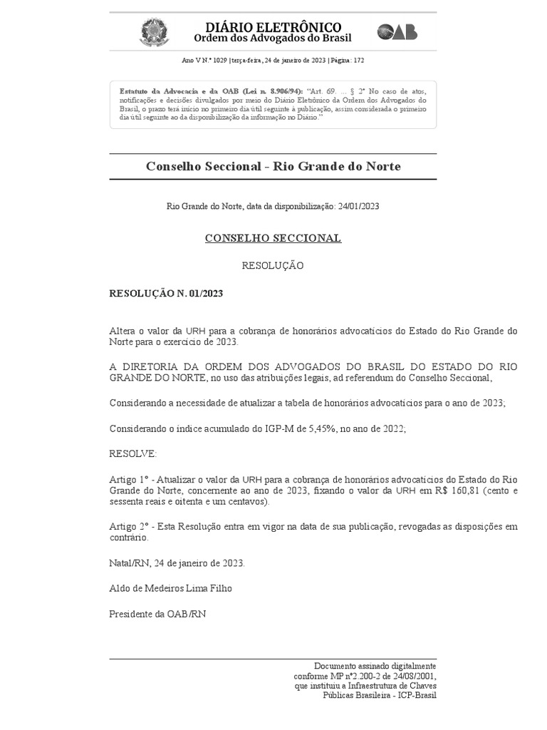 Tabela de Honorários OAB RN 2023 | PDF | Advogado | Transferência de ...