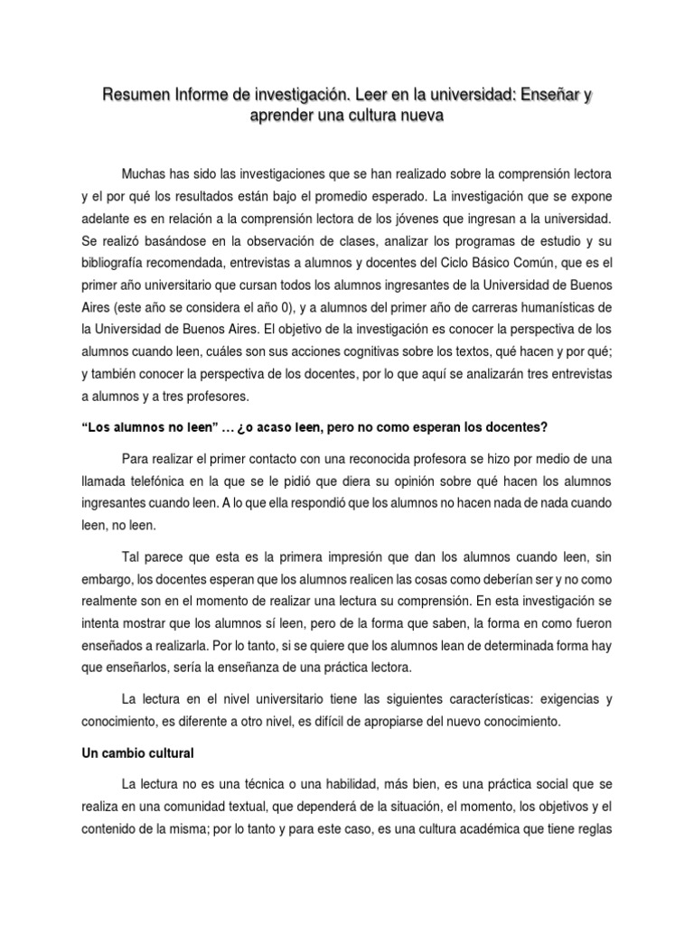 Resumen Informe de Investigación. Leer en La Universidad Enseñar y Aprender Una Cultura Nueva ...