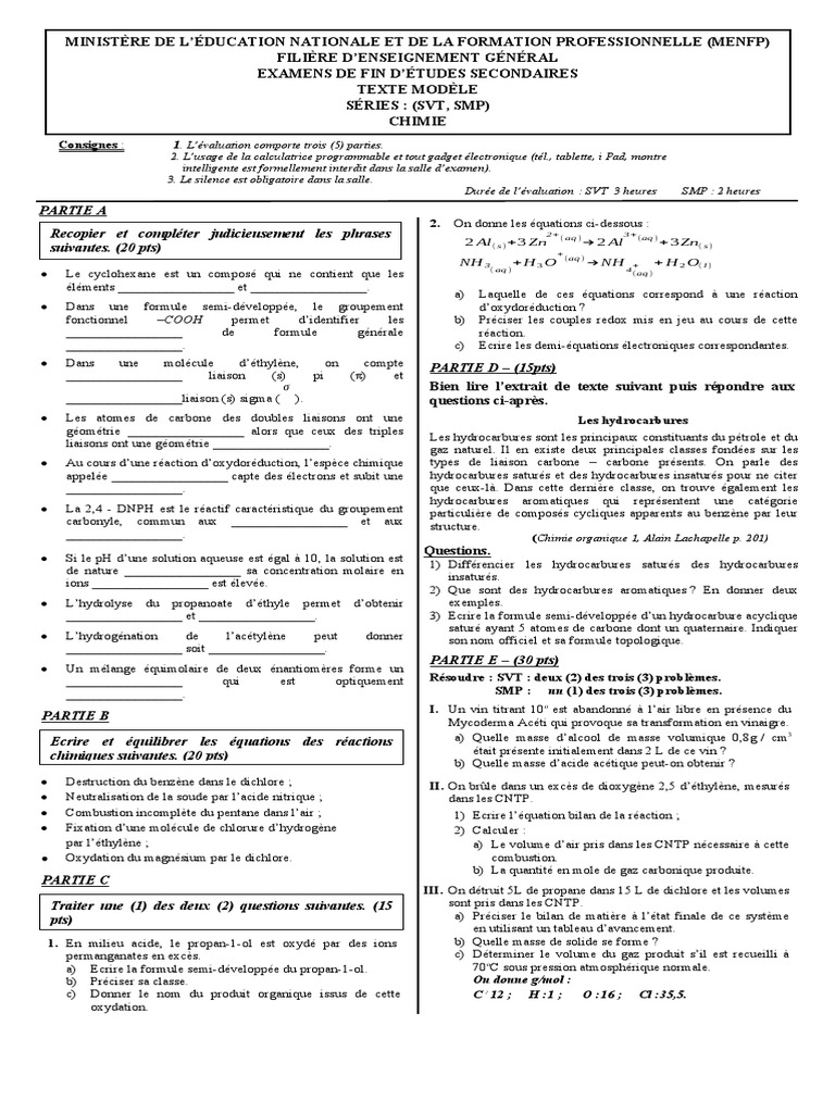 Modèle d'examen chimie NS4 2024 | PDF | Hydrocarbures | Réaction d ...