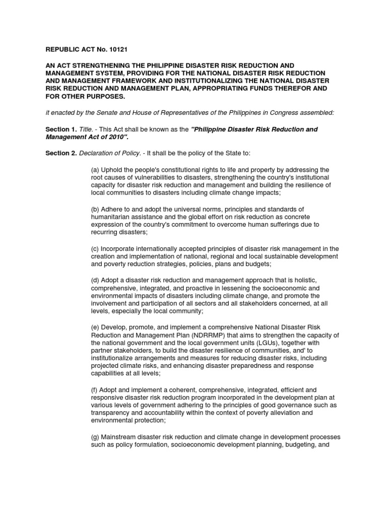 Republic Act No 10121 | PDF | Disaster Risk Reduction | Risk Management