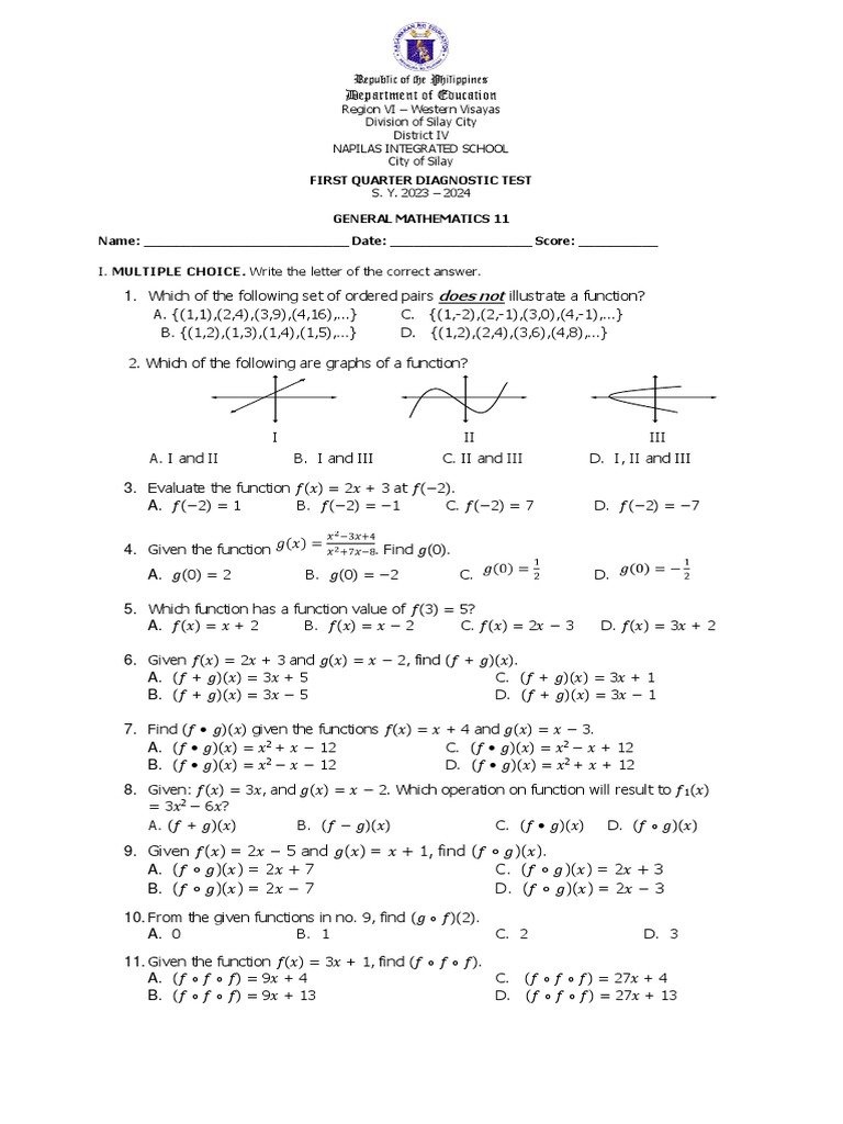 General Mathematics 11 Diagnostic Test | PDF | Function (Mathematics ...