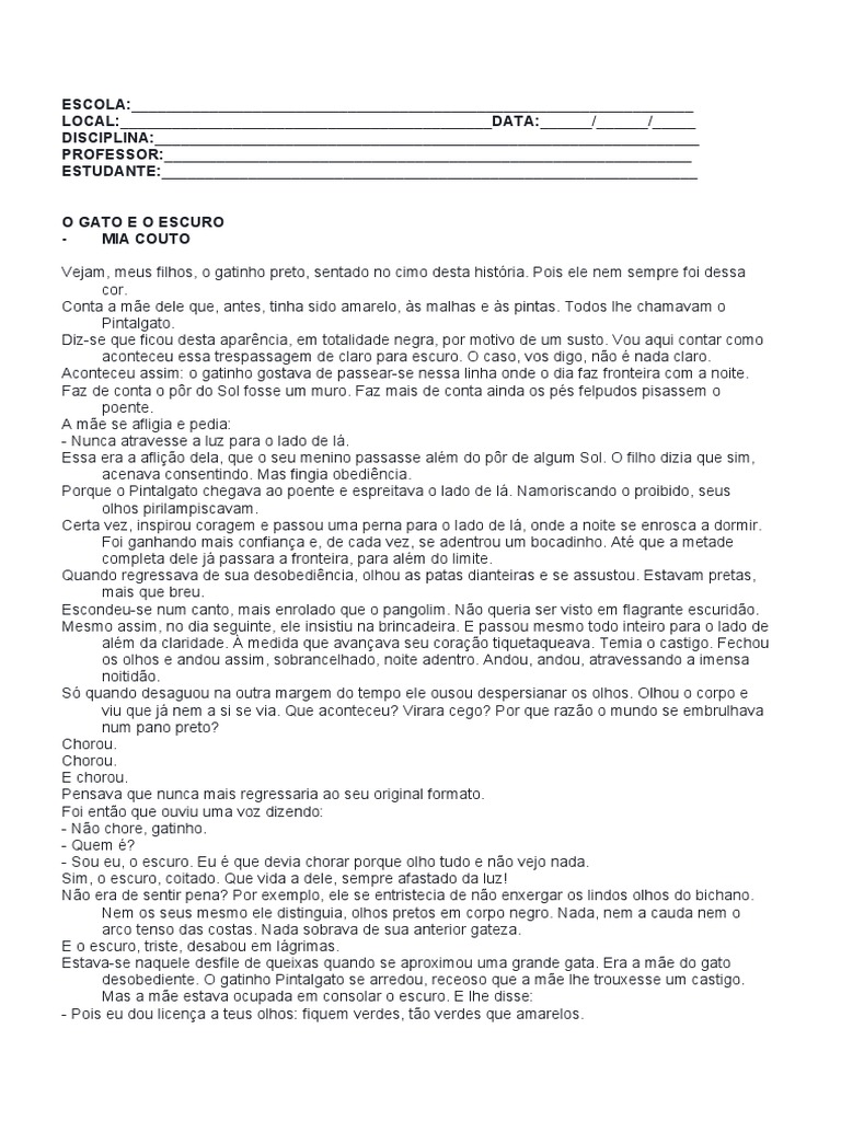 O Gato e o Escuro Texto e Atividades | PDF | Gatos | Olho