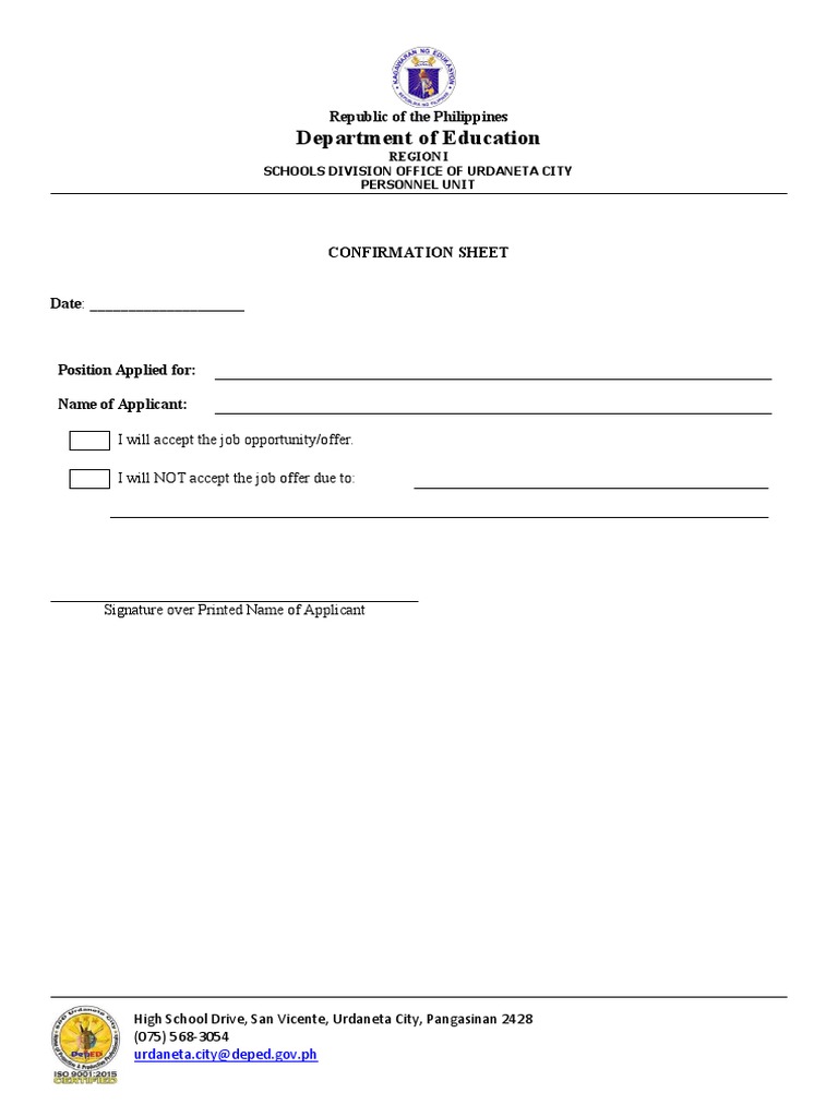 Confirmation-Sheet Deped | PDF