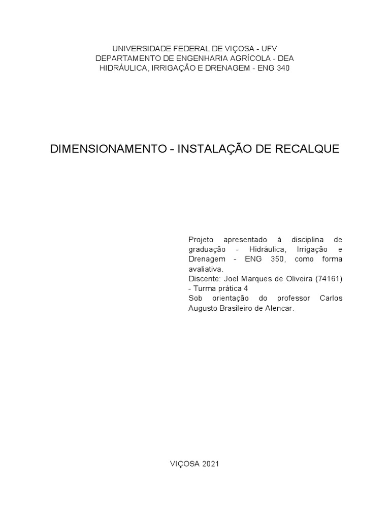 Projeto de Instalação de Recalque | PDF | Potência (Física ...