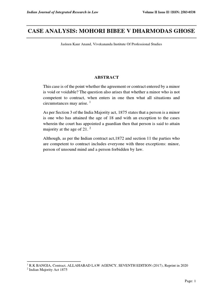 Case Analysis: Mohori Bibee v. Ghose | PDF | Partnership | Loans