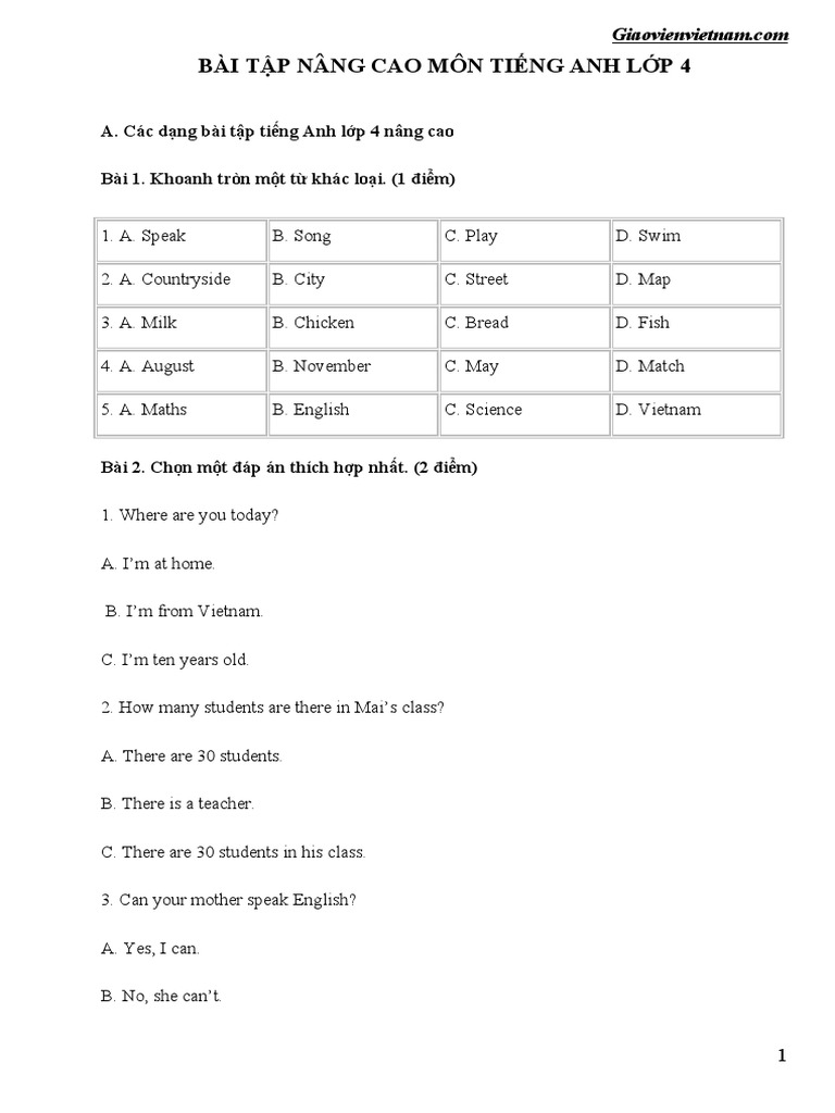 Bai Tap Tieng Anh Lop 4 Nang Cao | PDF