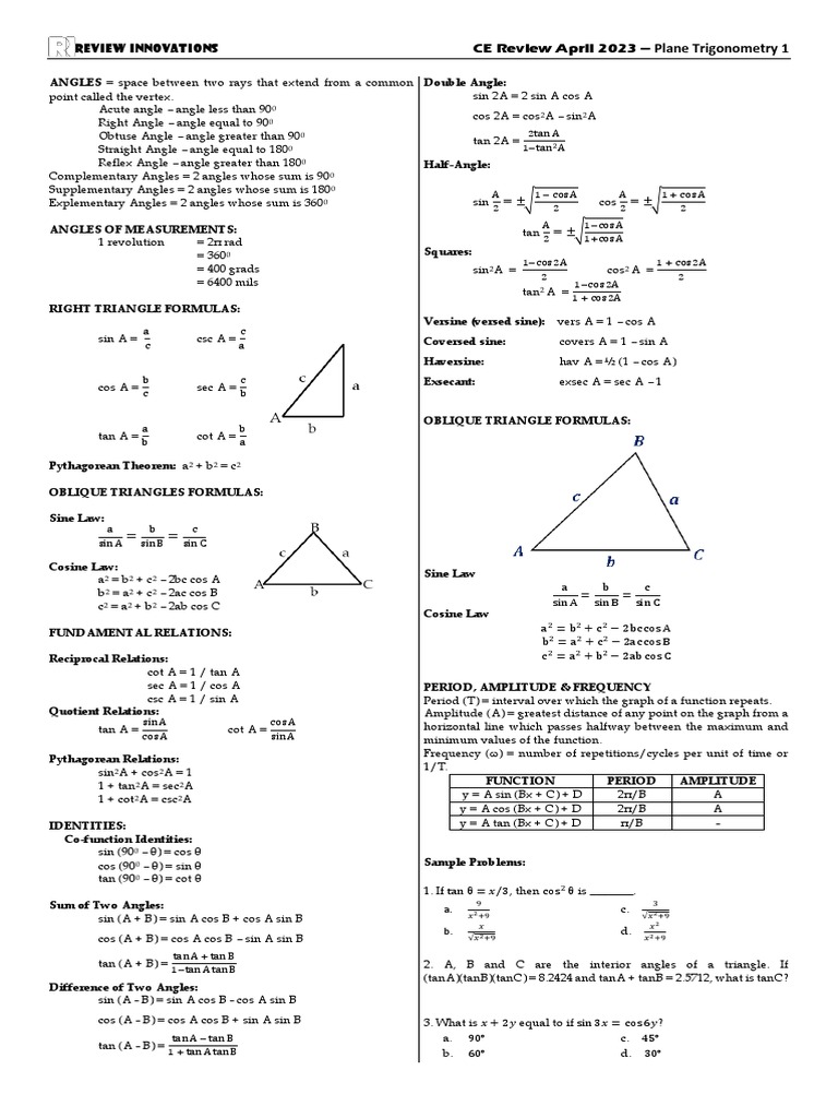Plane Trigonometry 1 | PDF | Triangle | Angle