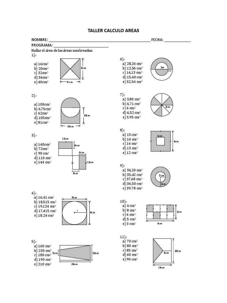 Taller Ejercicios Calculo Areas | PDF | Métodos y materiales de enseñanza