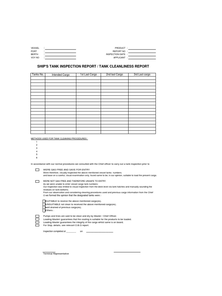 Ship'S Tank Inspection Report / Tank Cleanliness Report | PDF