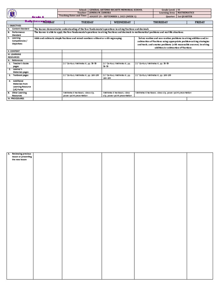 DLL Math 6 Q1 Week 1 | PDF | Learning | Cognitive Science