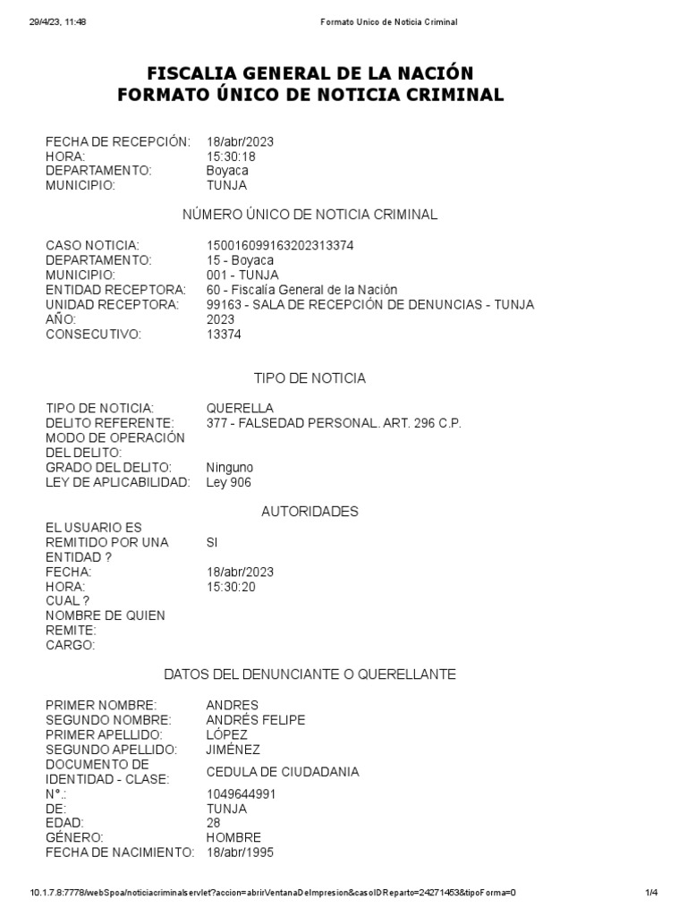 Formato Noticia Criminal Tunja 2023 | PDF | Justicia | Crimen y violencia