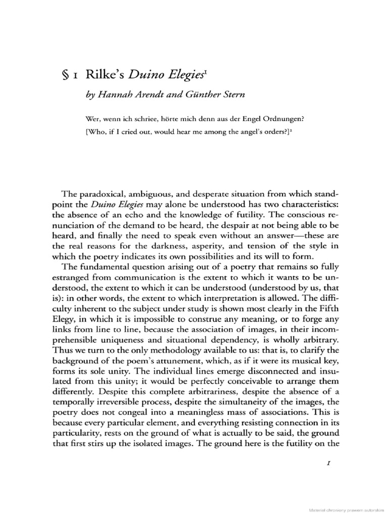 Hannah Arendt Rilkes Duino Elegies | PDF