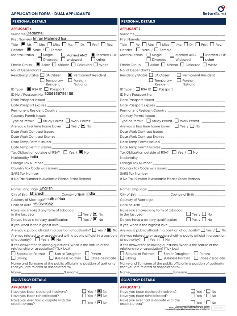 Dadabhai Imran Mahmed Isa: Application Form Dual Applicants | PDF ...