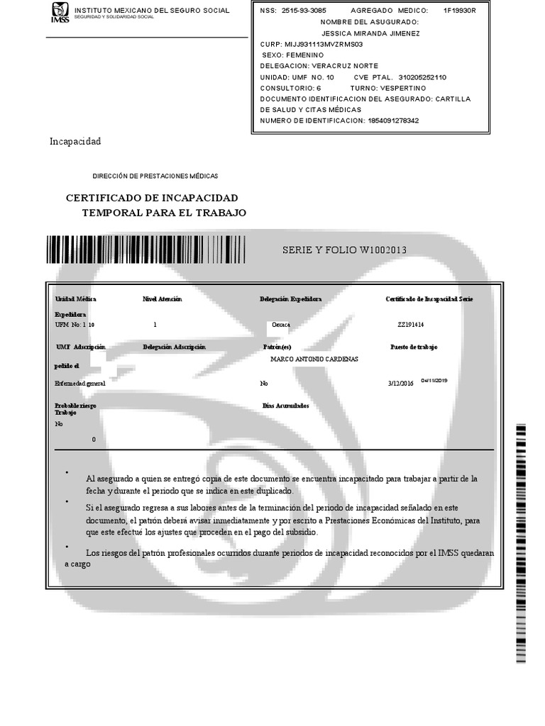 Certificado de Incapacidad IMSS | PDF