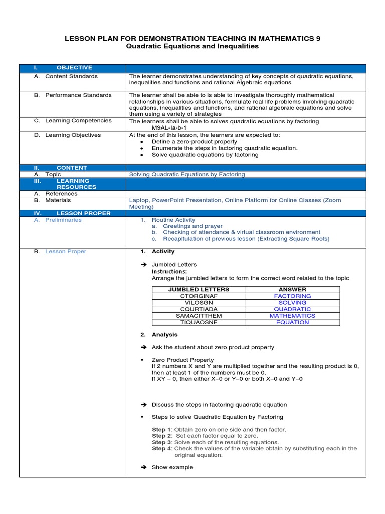 DLP - MATH DEMO - Quadratic Equations and Inequalities | PDF | Equations | Quadratic Equation
