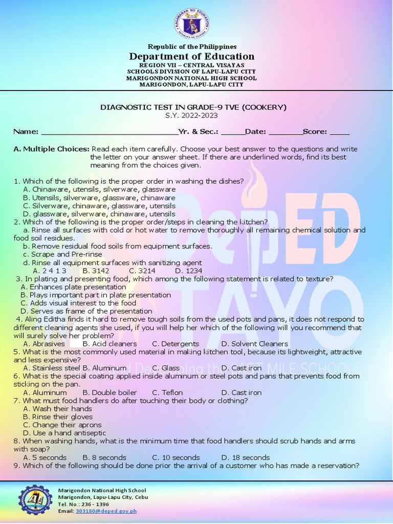 Grade 9 Cookery Diagnostic Test | PDF | Kitchen Utensil | Food And Drink