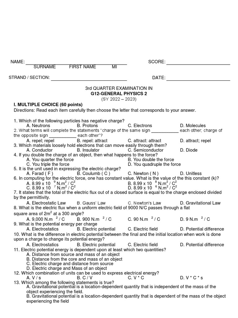 3rd Quarter Exam_G12-Gen Physics 2 | PDF | Potential Energy | Voltage
