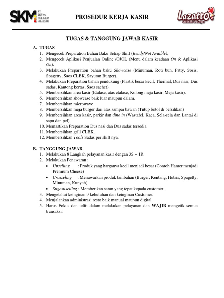 Prosedur Kerja Kasir | PDF | Griya & Taman