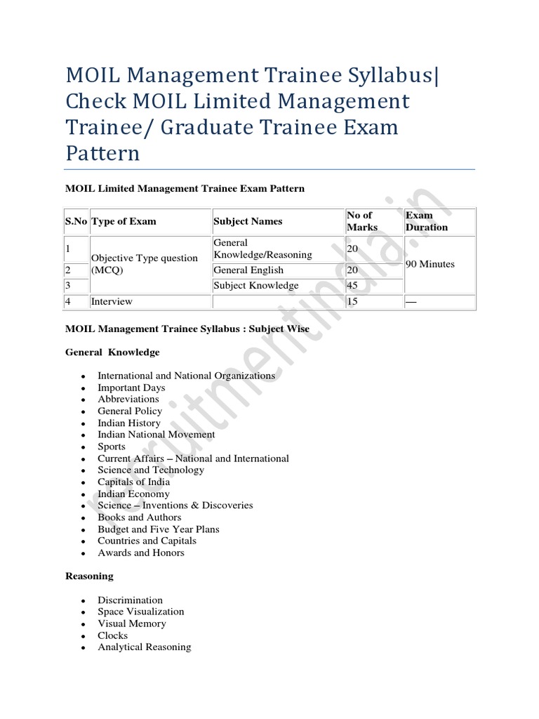 MOIL Management Trainee Exam Syllabus | PDF