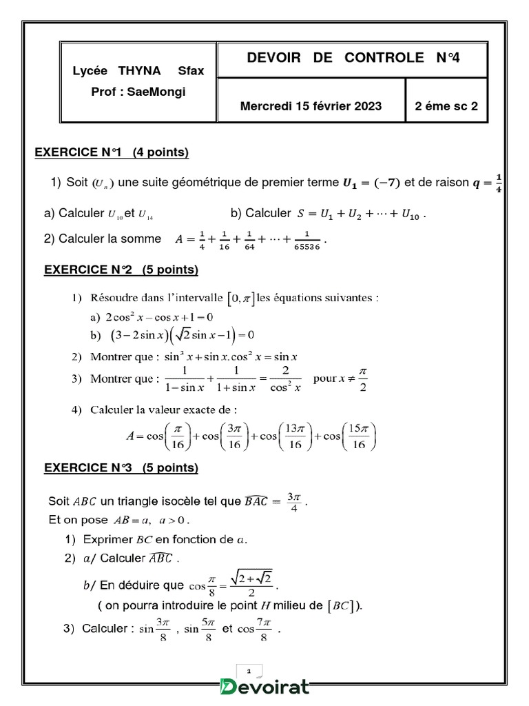 Devoir de Contrôle N°4 Math 2ème Science | PDF | Mathématiques ...
