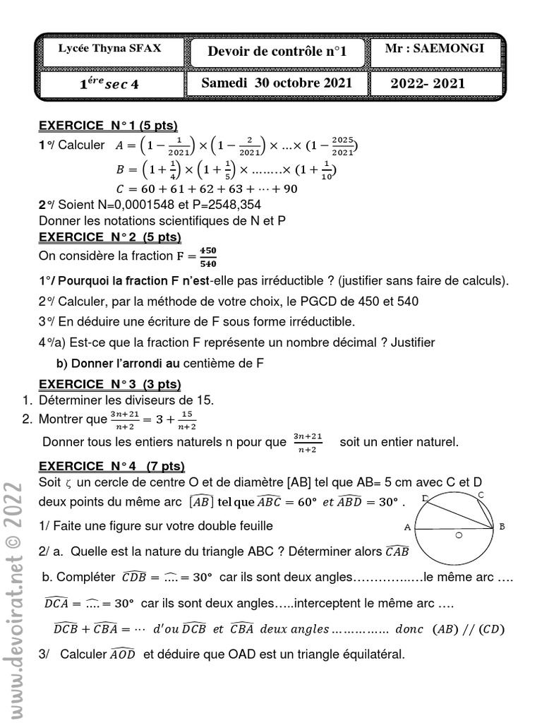 Devoir de Contrôle N°1 - Math - 1ère AS (2021-2022) MR Saem Mongi | PDF ...