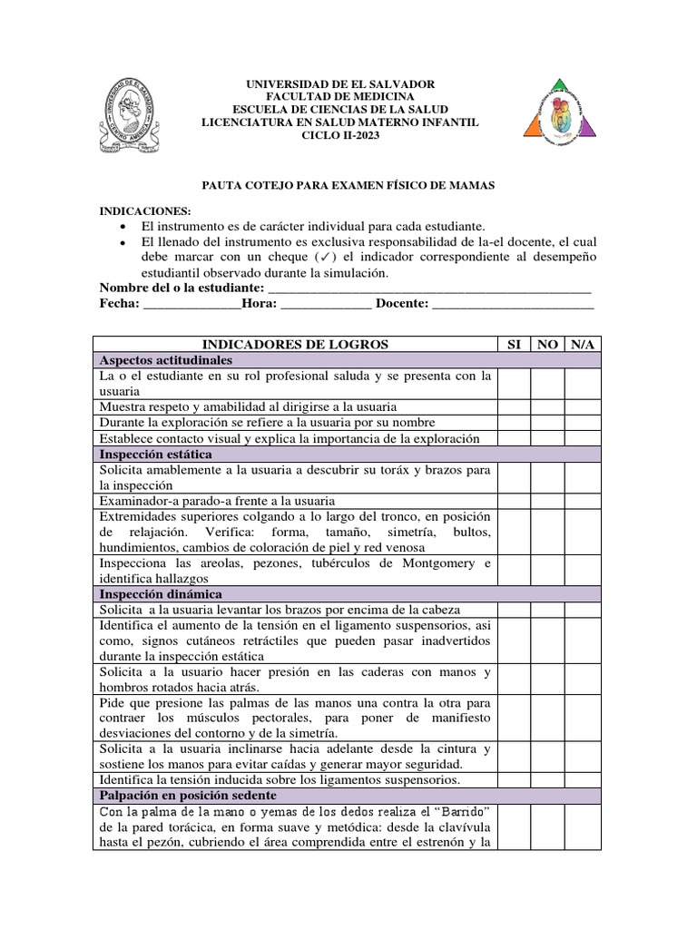 Pauta Cotejo Examen Físico de Mamas | PDF | Pecho | Anatomía