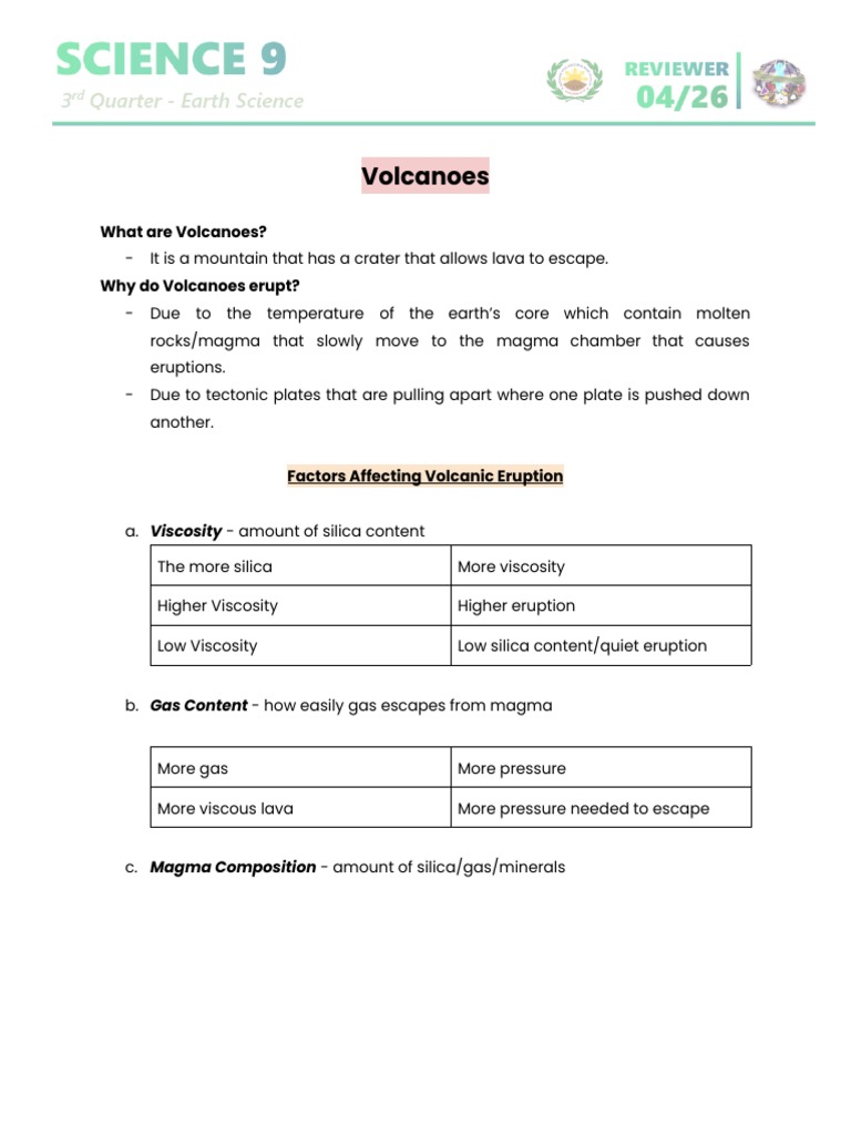 G9 STE Q3 Science Reviewer | PDF | Types Of Volcanic Eruptions | Volcano